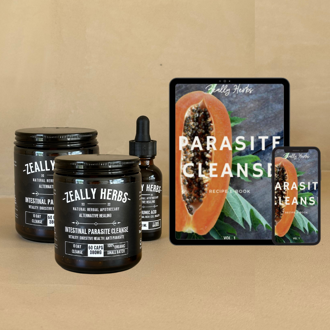 Two black glass parasite cleanse jars next to a tablet and mobile ...
